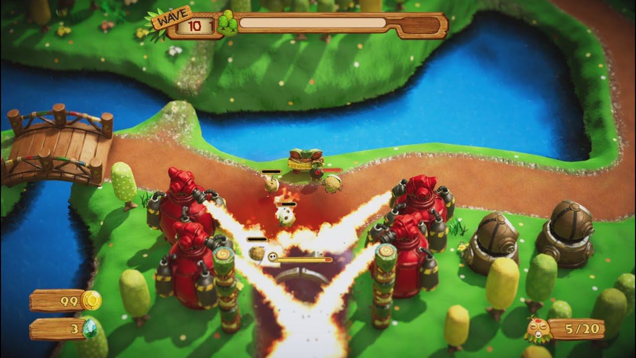 PixelJunk™ Monsters 2 - Статуя против 4 огнеметов