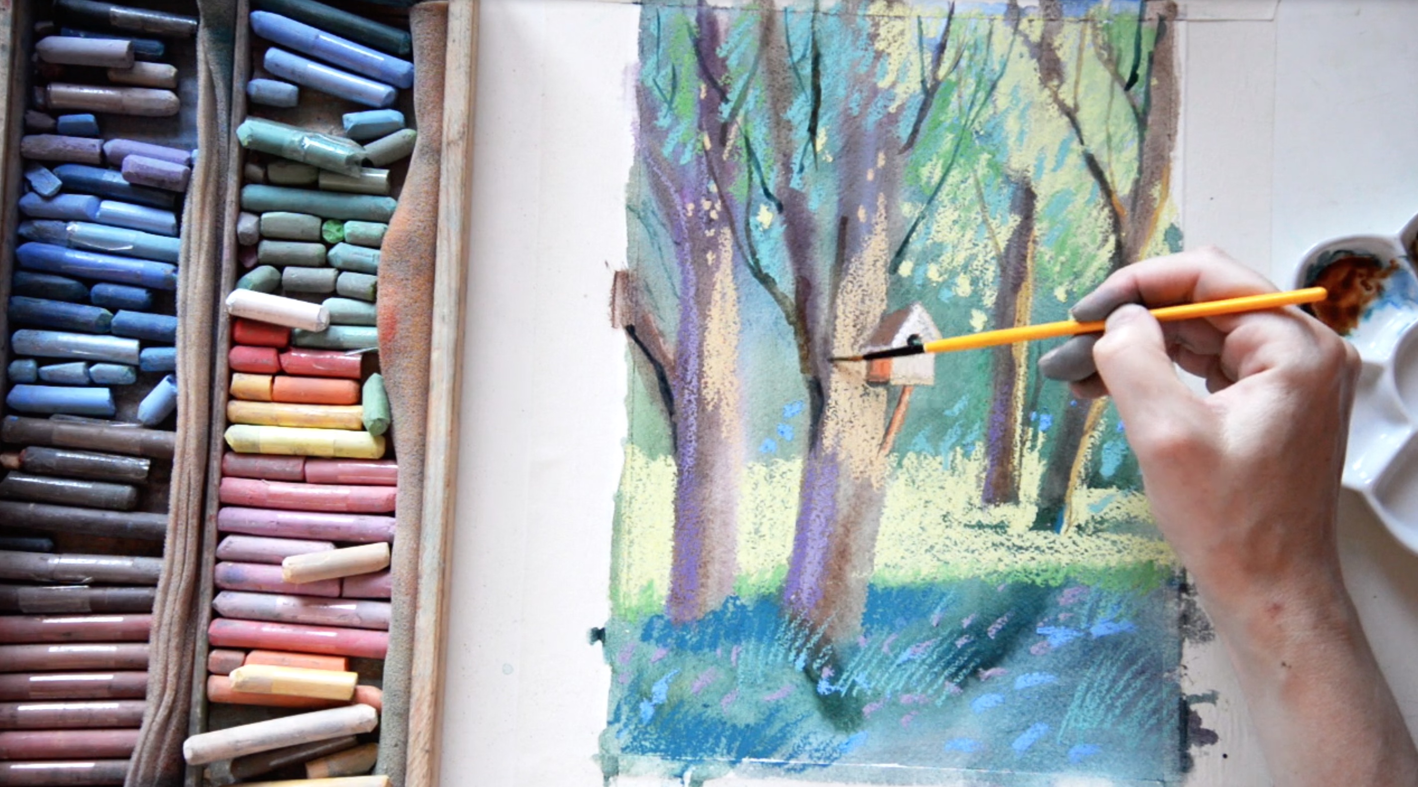 Смешанная техника акварель+пастель сухая, сюжет "В летнем лесу".