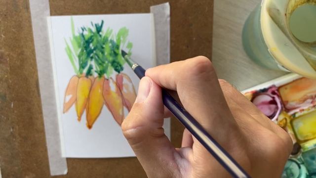 Дачные этюды акварелью и линером для начинающих. Пучок моркови