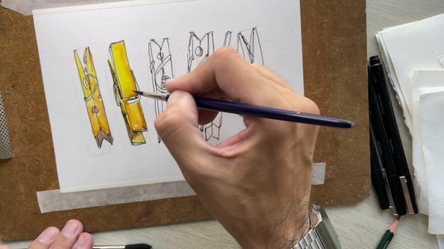 Деревянные бельевые прищепки акварелью и линером для новичков