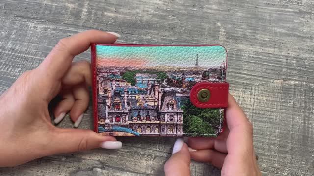 Красный портмоне из натуральной кожи с картинкой Ретро Париж, Eshemoda мини-кошелек ручной работы