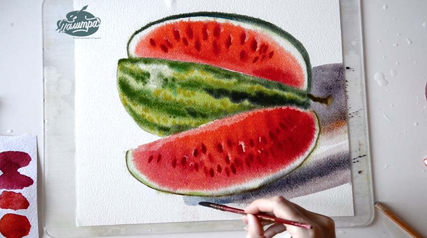 Видеоурок по акварельной живописи по-сырому "Сочный арбуз".