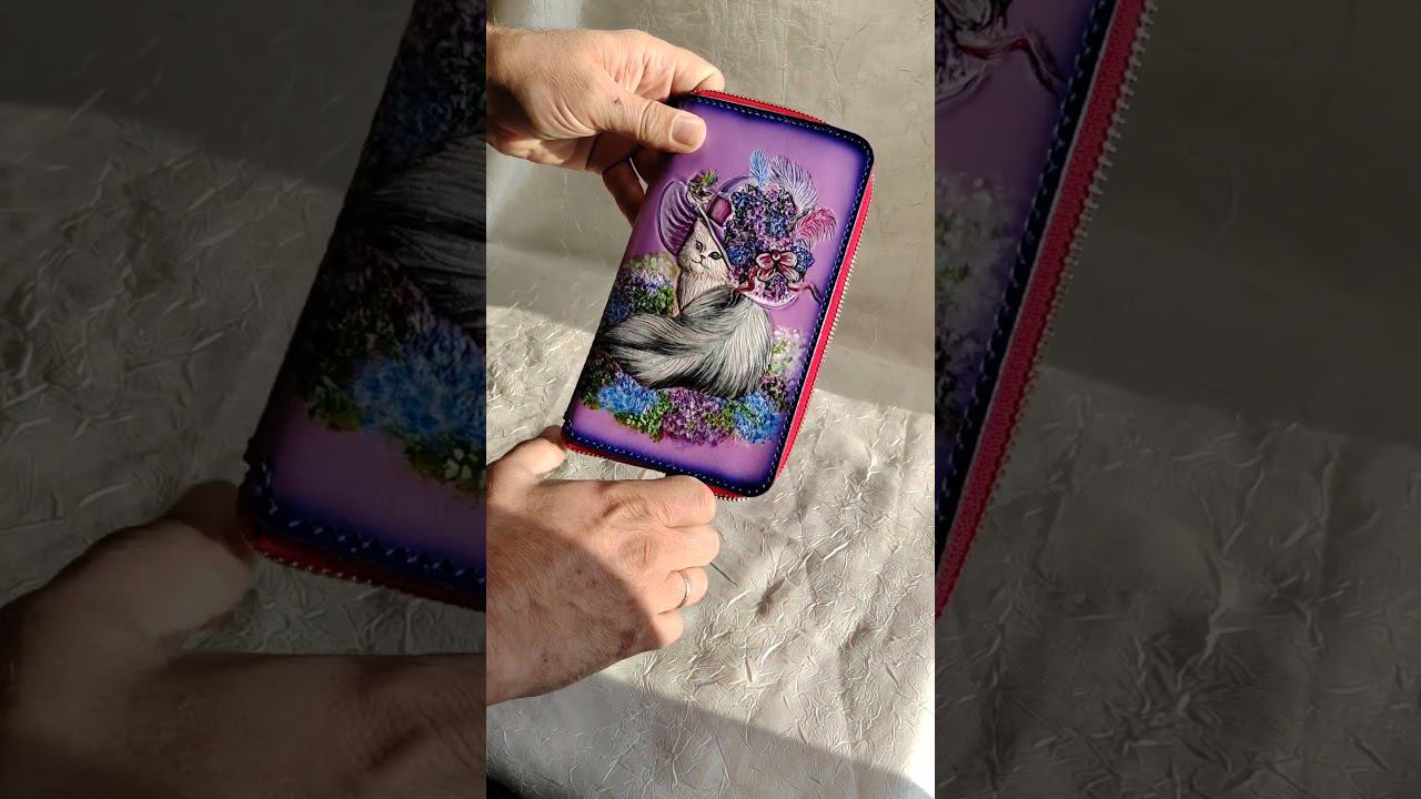 Портмоне женское. Изделия из кожи. СКСтиль. Видео обзор: Котик в сирени 2.