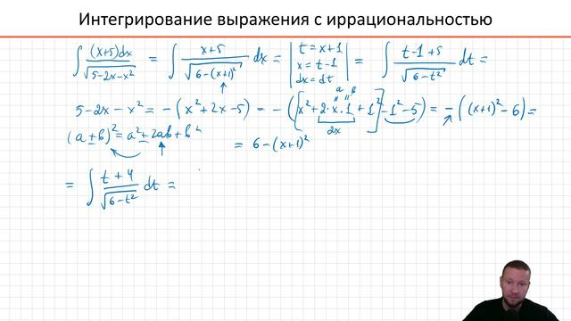 Интегрирование выражения с иррациональностью путем выделения полного квадрата (РЗ 4.2i)