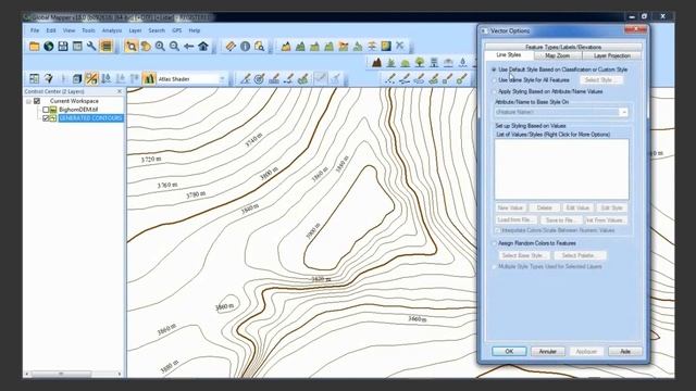 Generate contour lines from raster DEM terrain grid in Global Mapper ...