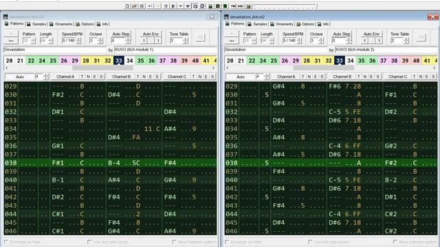 Devastation  by KUVO / Double YM, 6 channel song. Tracker window capture.