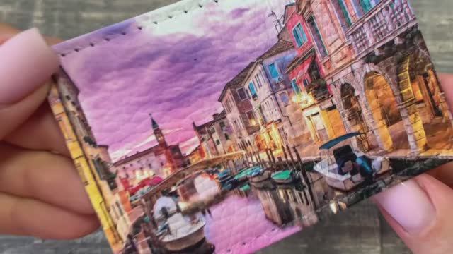 Обложка для карточки, проездного с принтом Eshemoda “Вечерний канал Венеции”, натуральная кожа