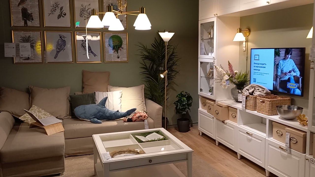 ИКЕА, интерьеры, гостиная, совмещенная с кухней будвин ,зелёные фасады.