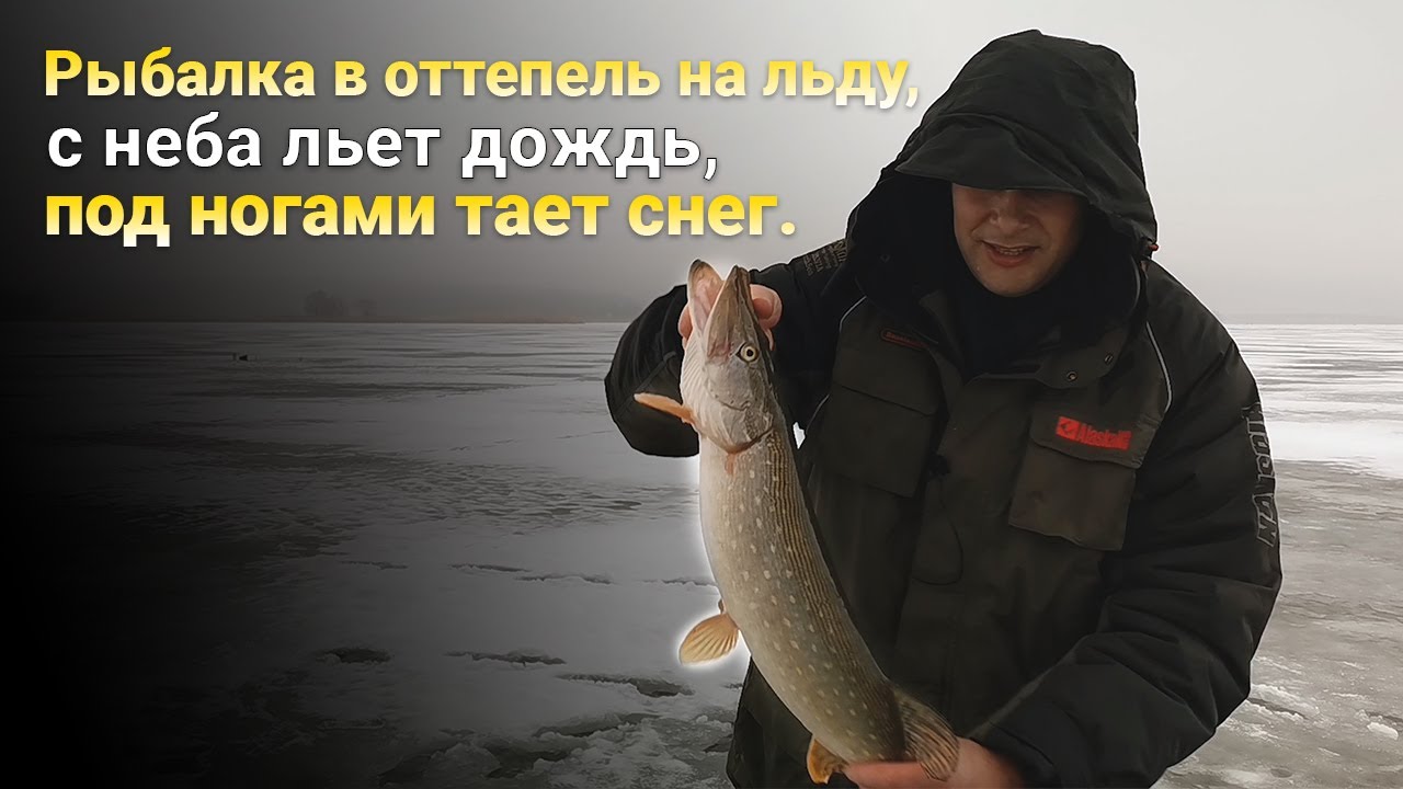 Рыбалка в оттепель на льду, с неба льет дождь, под ногами тает снег.