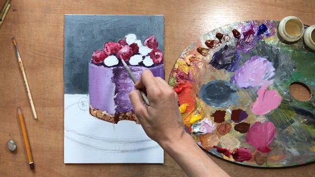 Как нарисовать "Торт с ягодами" маслом. Техника для начинающих художников. Картина поэтапно.