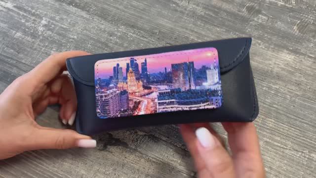 Футляр для очков с Москвой, из синей натуральной кожи, Eshemoda