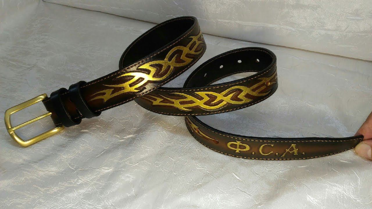 Ремень мужской. Изделия из кожи. СКСтиль. Ремень с орнаментом и инициалами Ф.С.А.