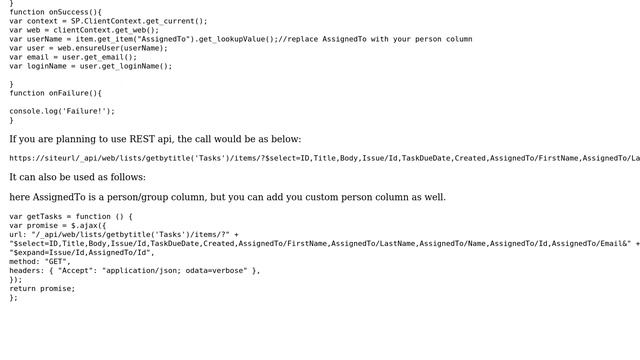 Sharepoint: Get User object from Person or Group field value using JSOM/JavaScript API ...