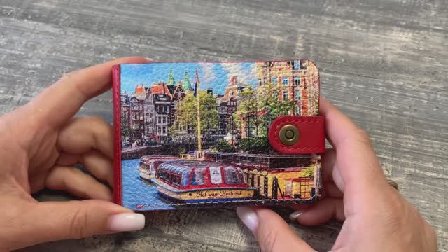 Красное портмоне с принтом Eshemoda “Голландия”, натуральная кожа, Eshemoda