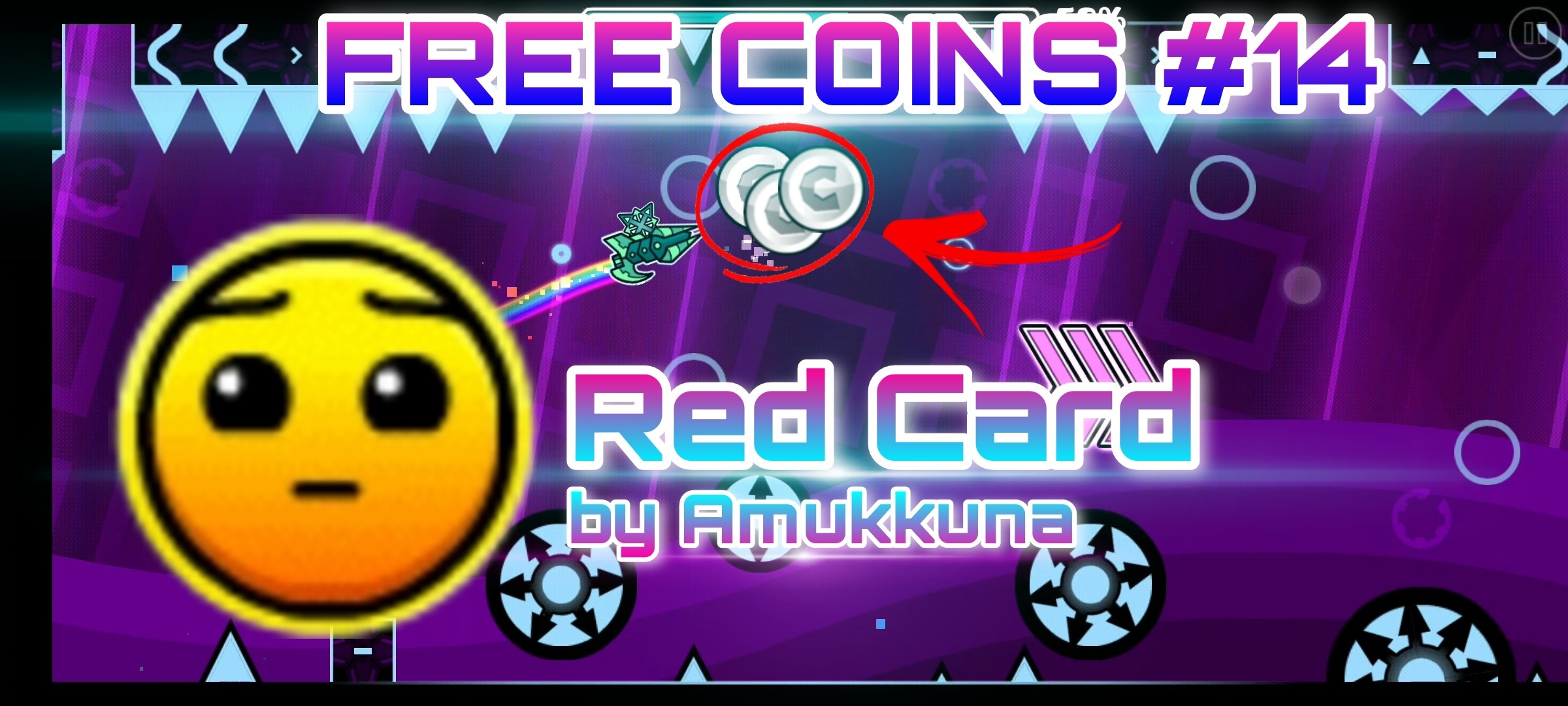 БЕСПЛАТНЫЕ МОНЕТЫ #14: Red Card by Amukkuna (Hard 5*) [3 coins] | Geometry Dash