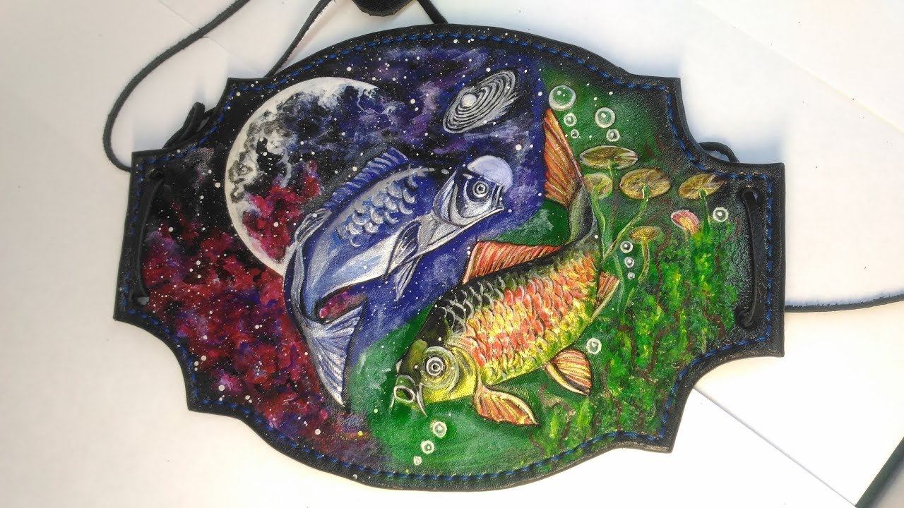 Накладка на бокал для пива. Изделия из кожи. СКСтиль. Рыбки)