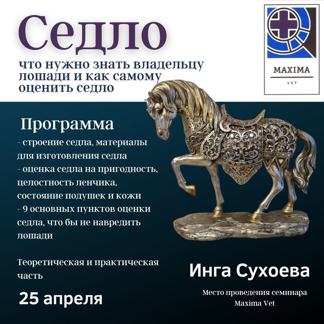 Инга СУХОЕВА - 25 АПРЕЛЯ в MAXIMA VET - "СЕДЛО, ЧТО НУЖНО ЗНАТЬ ВЛАДЕЛЬЦУ ЛОШАДИ"