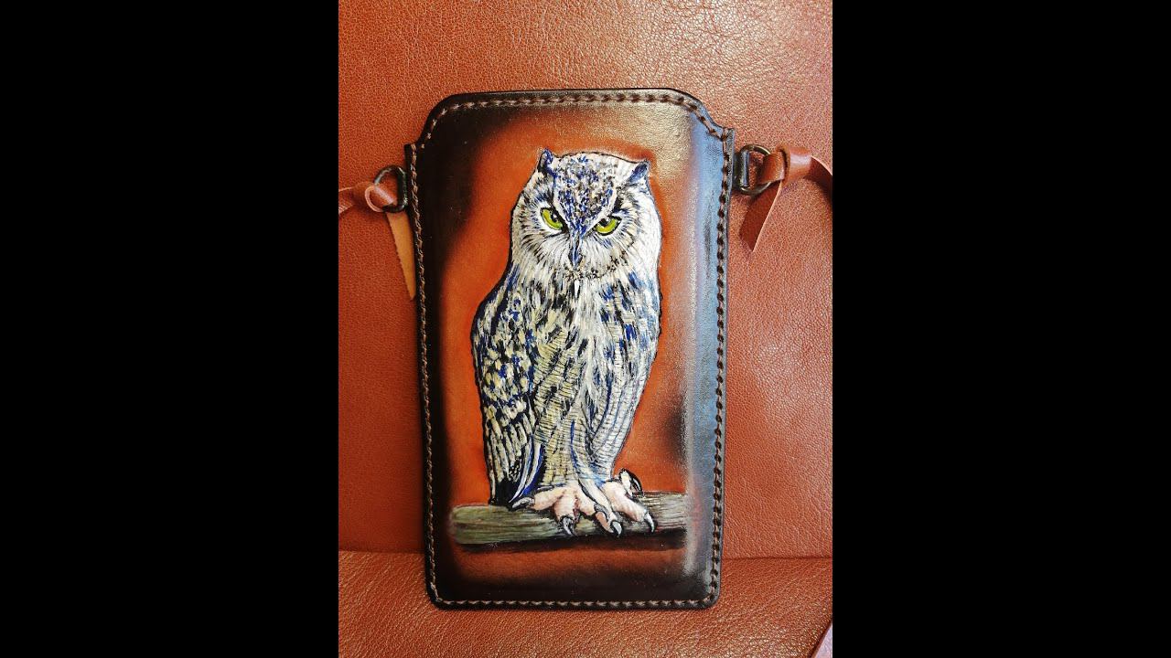 Чехол для смартфона. Изделия из кожи. СКСтиль. Сова.