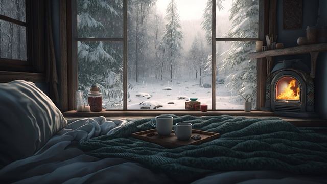 Насладитесь уютным зимним утром в домике - горячим кофе, потрескивающим камином и безмятежным снегом