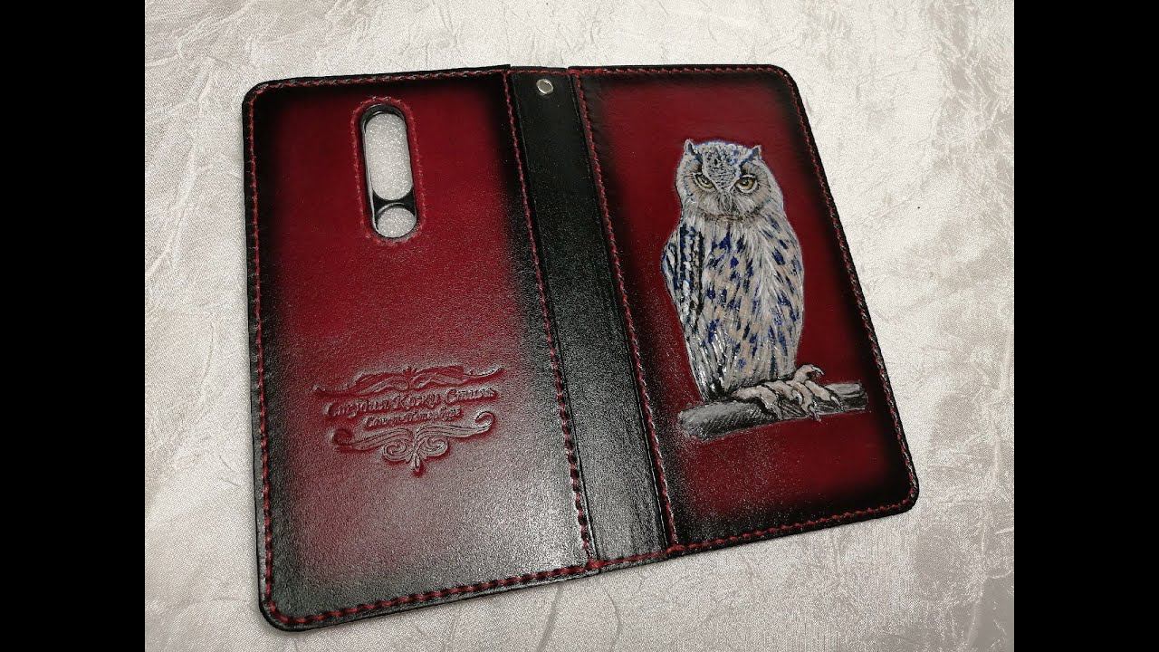Чехол книжка для смартфона. Изделия из кожи. СКСтиль. Сова.