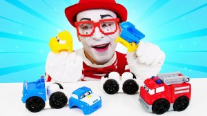 Clowns play with Mega Bloks cars - Funny clown videos for kids